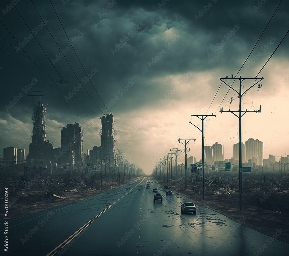 stormy post apocalyptic city skyline. cracked and distressed highway ...