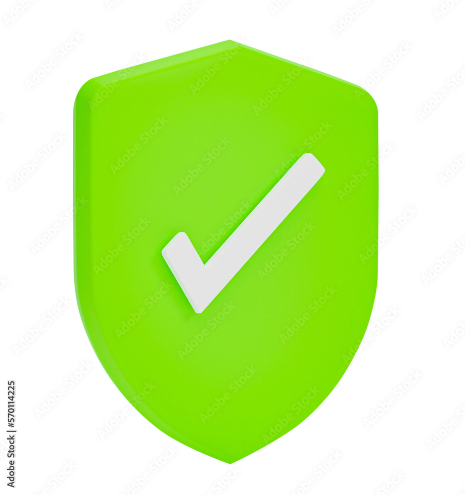 3d render. Checkmark icon on guard shield protection symbol isolated on ...
