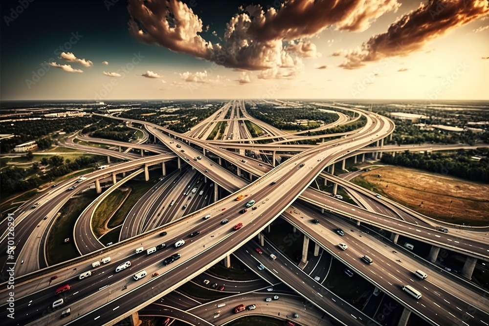 Aerial view massive highway intersection, stack interchange with elevated road junction overpass ...