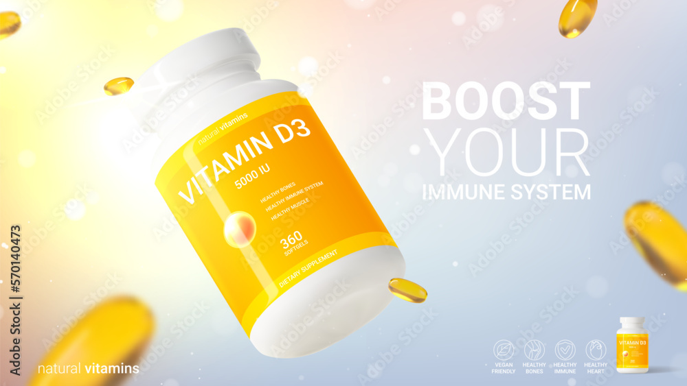 Horizontal ad banner of vitamin d3. 3d vector illustration of dietary ...