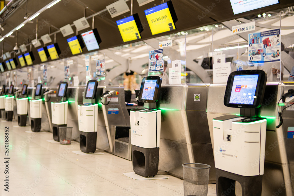 BANGKOK, THAILAND - January 21, 2023: Self-service check-in machine at ...