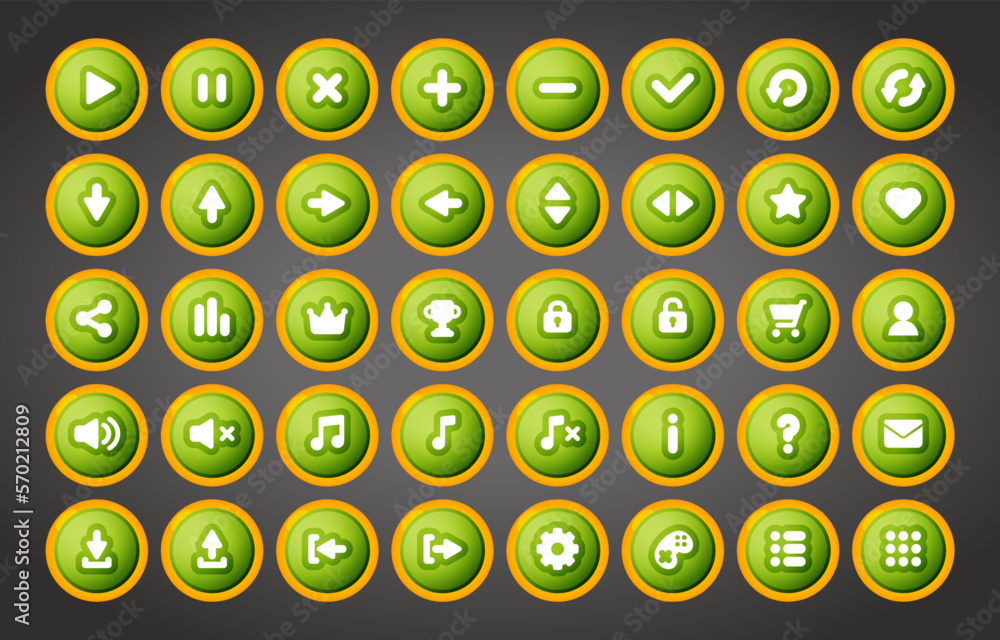 Colorful round UI game buttons in cartoon style. Vector game user ...