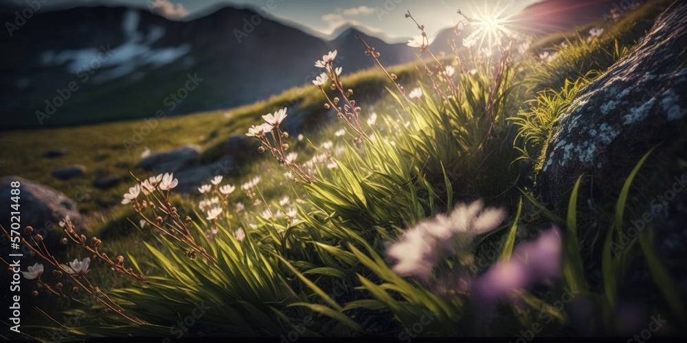 Alpine meadow is a lovely natural setting. Sunbeams in close up on ...