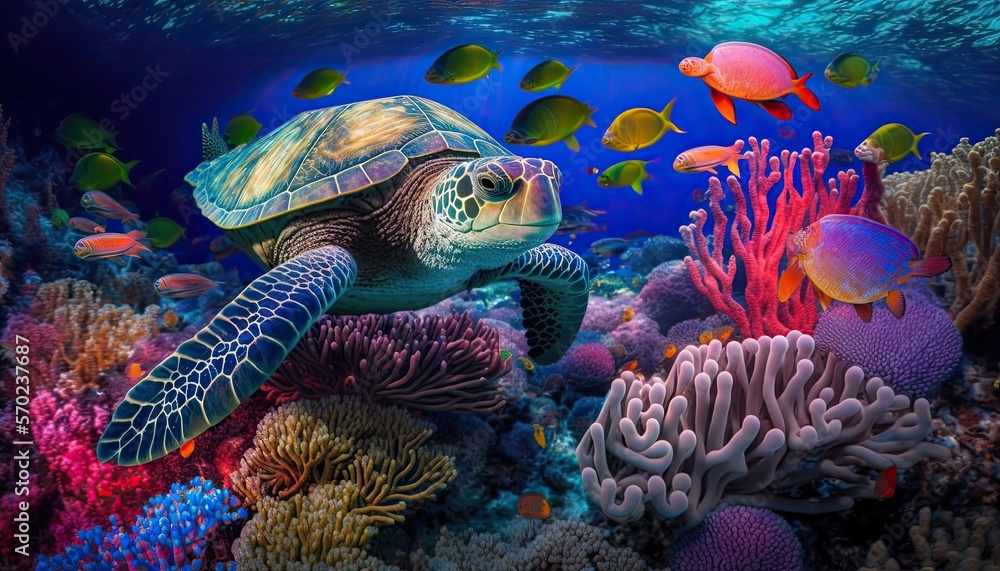 A Vibrant Coral Reef with Schools of Rainbow-Colored Fish and a ...
