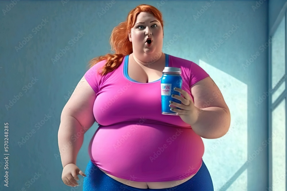 Overweight Woman Brings Energy to the Gym with a Refreshing Drink and a ...