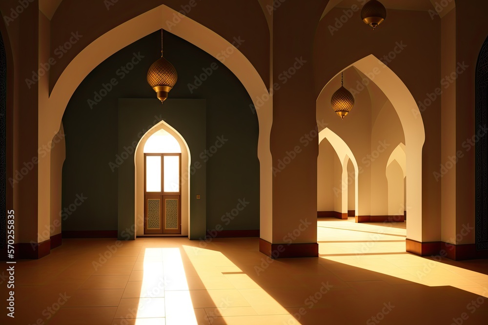 Islamic background painting. Mosque and shadows. Light rays from mosque ...