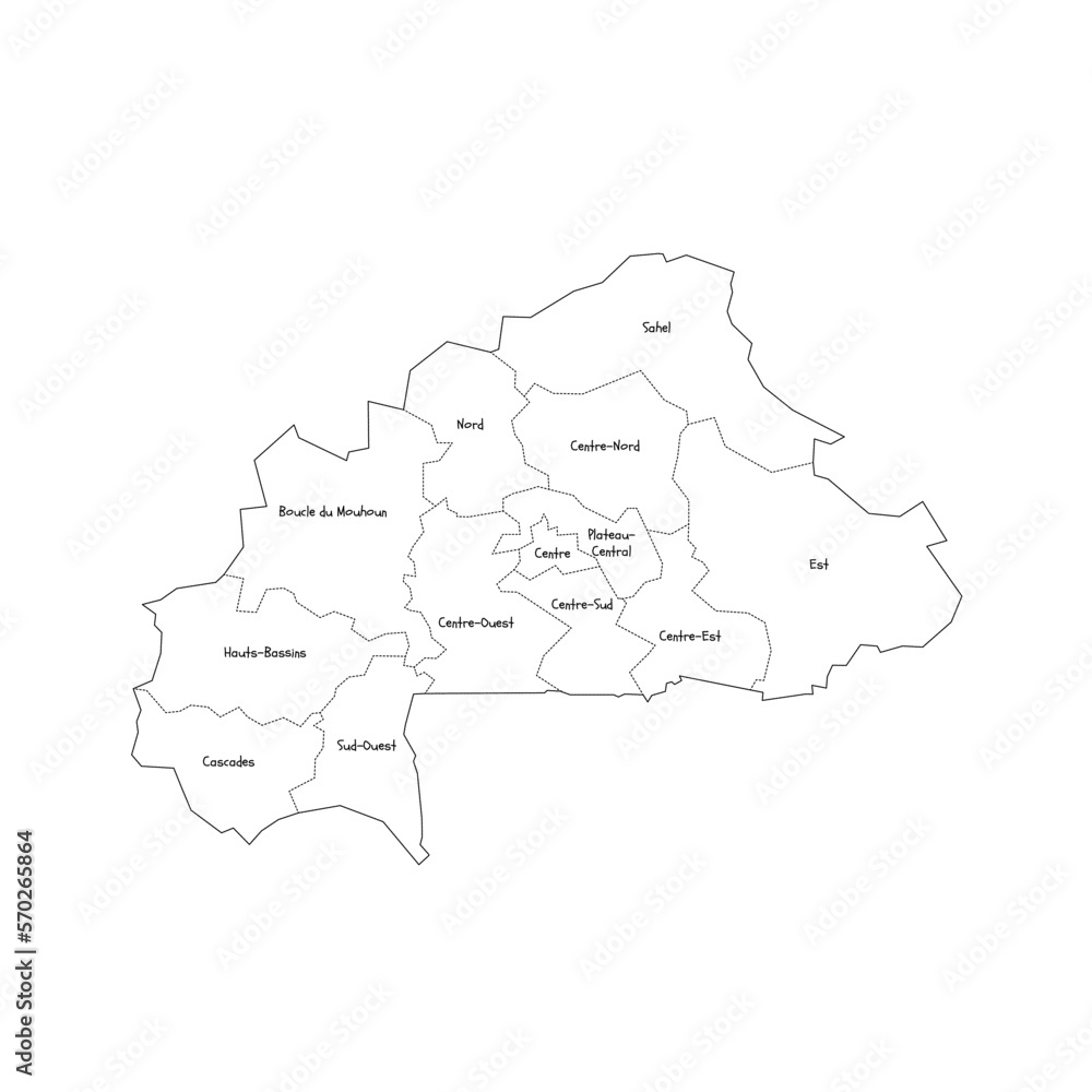 Burkina Faso political map of administrative divisions - regions. Handdrawn doodle style map ...