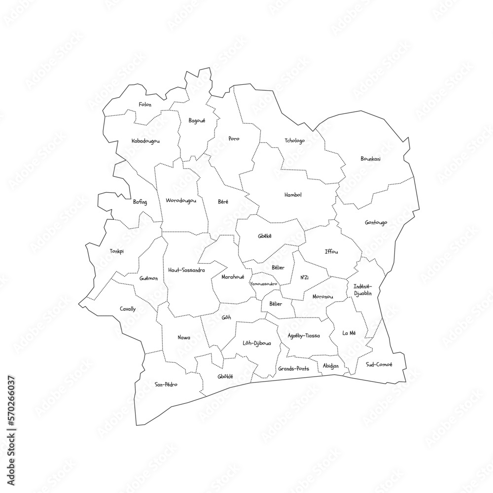 Ivory Coast political map of administrative divisions - regions and ...