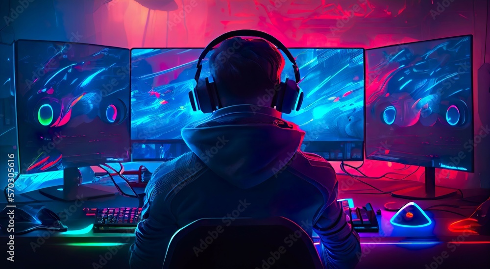 Professional eSports gamer in action playing on his computer Stock ...