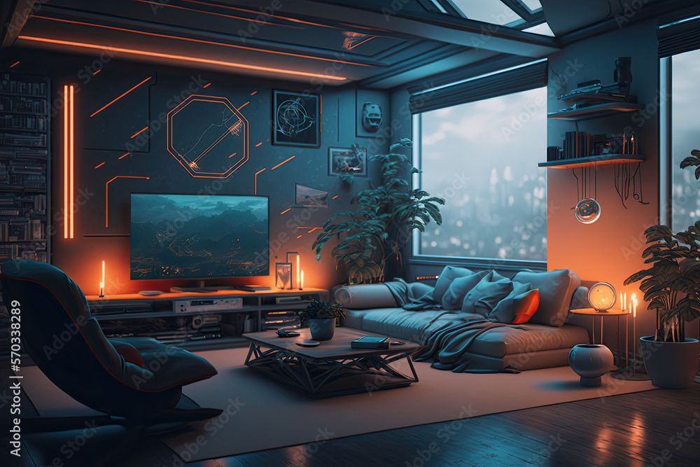 Cyberpunk living room with sofa and tv, dark living room, futuristic ...
