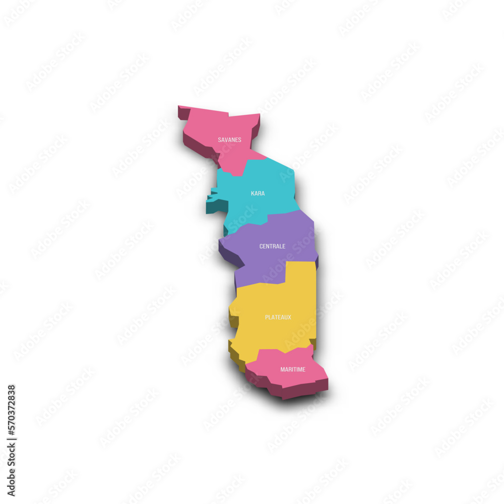 Togo political map of administrative divisions - regions. Colorful 3D ...