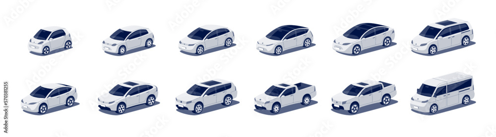 Modern passenger cars body types fleet. Micro mini, small, hatchback ...