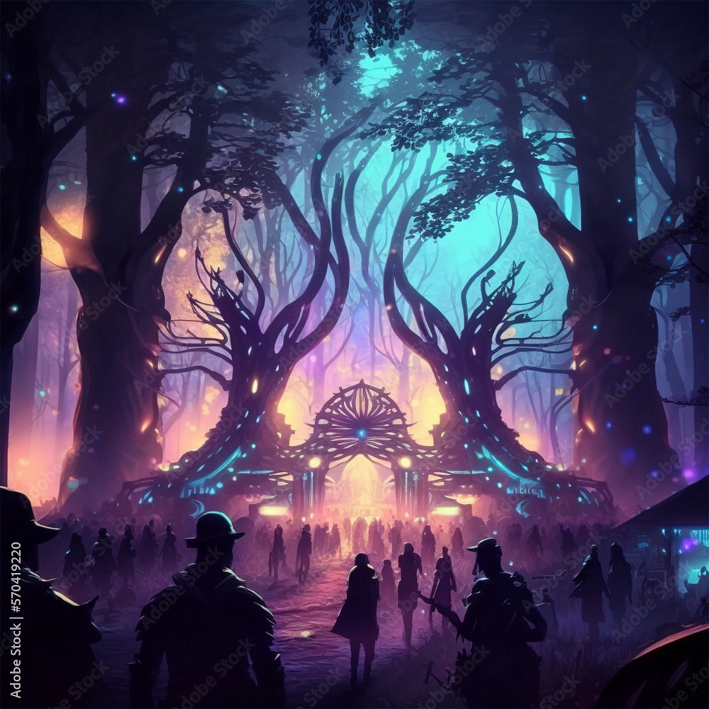 HD 8K hyper realistic tribal rave in cold colors in the middle of a ...