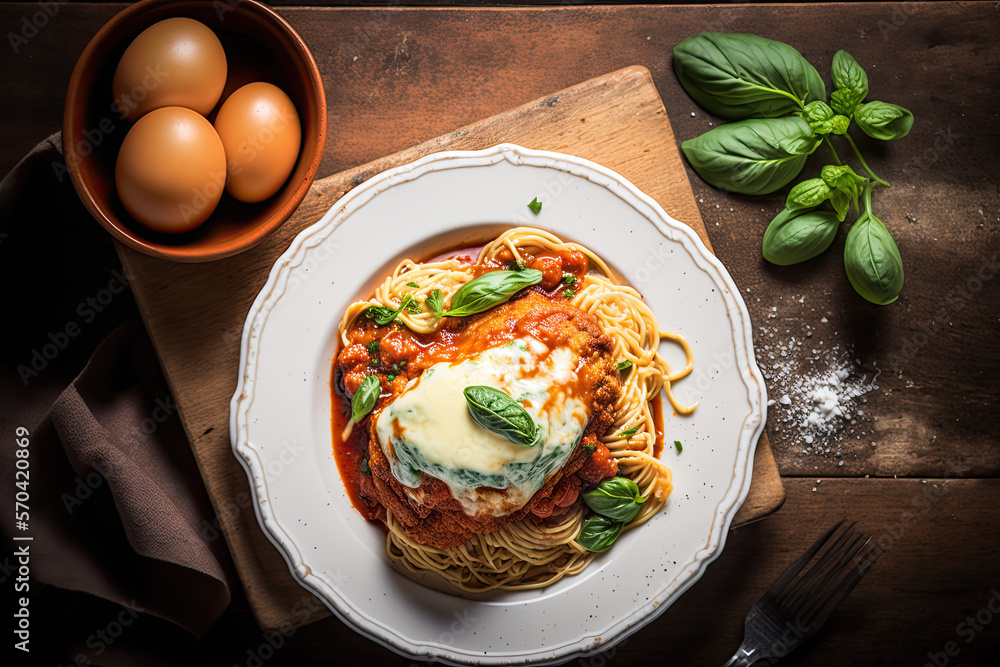 Chicken parmesan on a white plate with pasta and a basil garnish ...