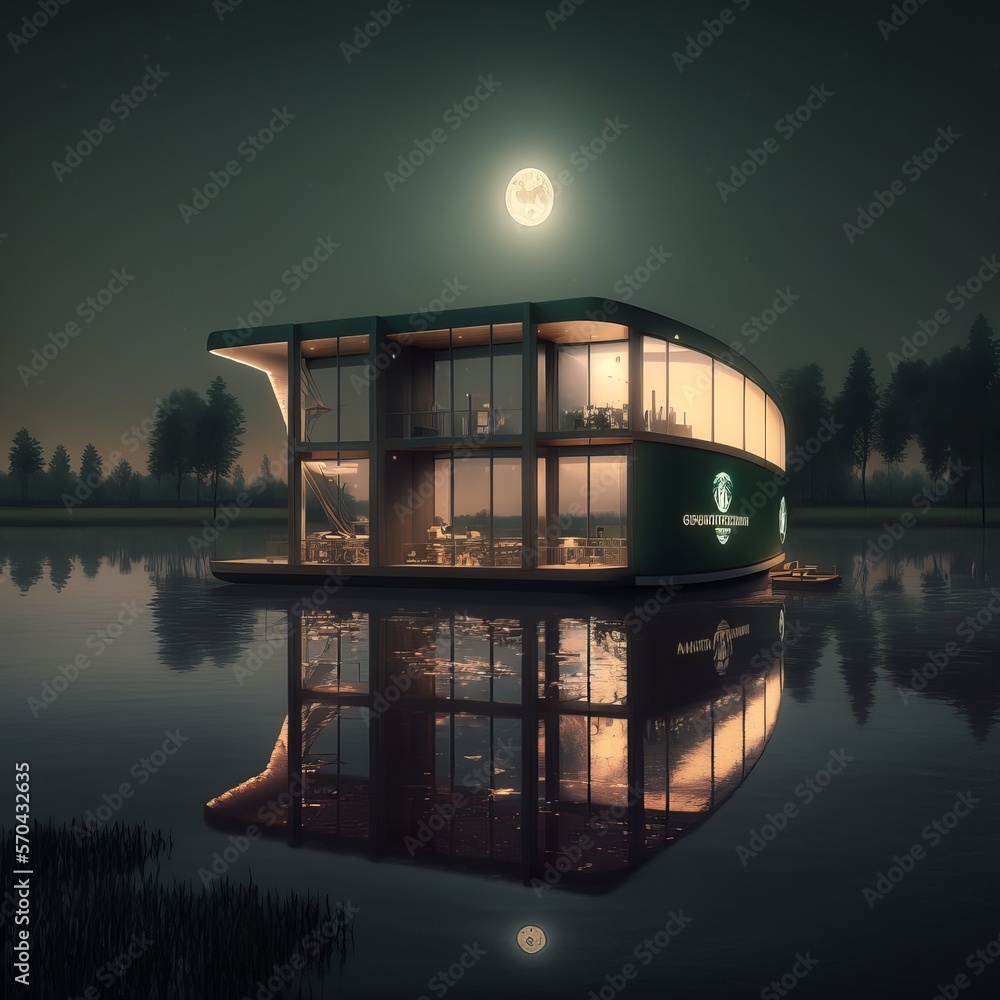 Floating Starbucks store on lake parametric design, night time, with ...