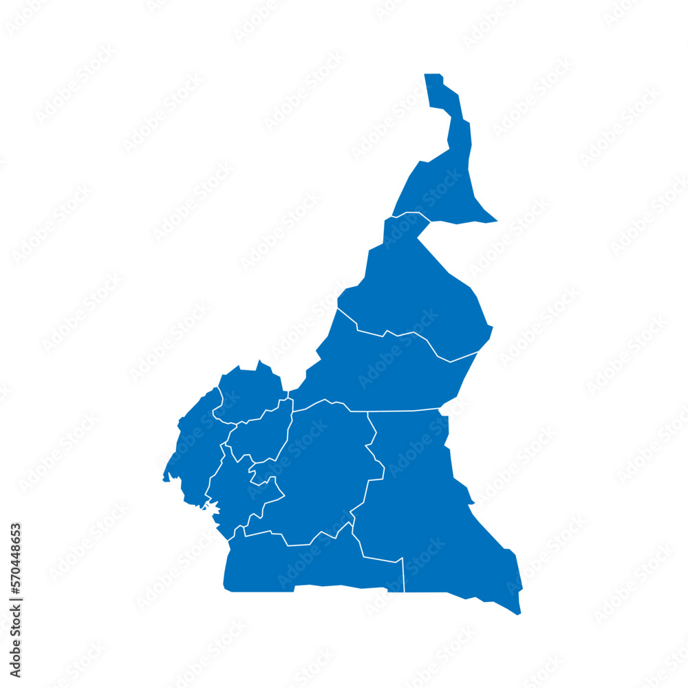 Cameroon political map of administrative divisions - regions. Solid blue blank vector map with ...