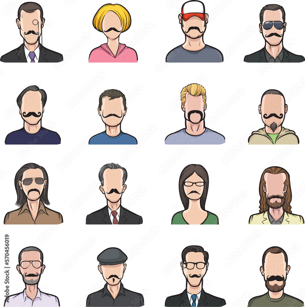 anonymous faces with mustaches set isolated user profile avatar heads ...