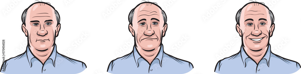 bald guy face three expressions isolated user profile avatar heads ...