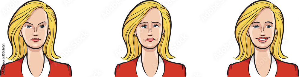 blond woman face three expressions isolated user profile avatar heads ...
