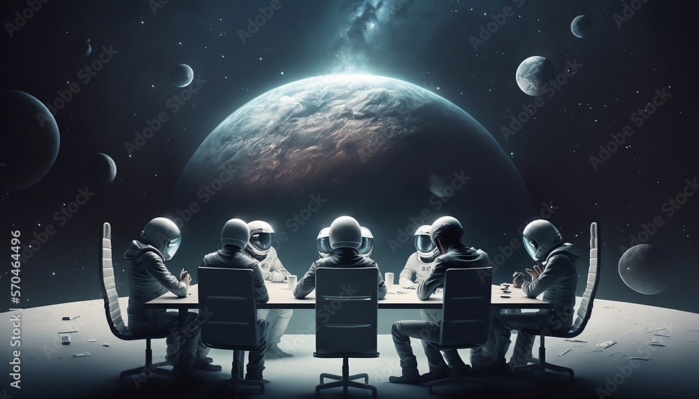 Astronauts conduction business meeting in outer space, concept art, AI ...