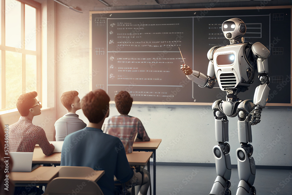 artificial intelligence AI robot teacher teaching a class of robot students in a high-tech ...