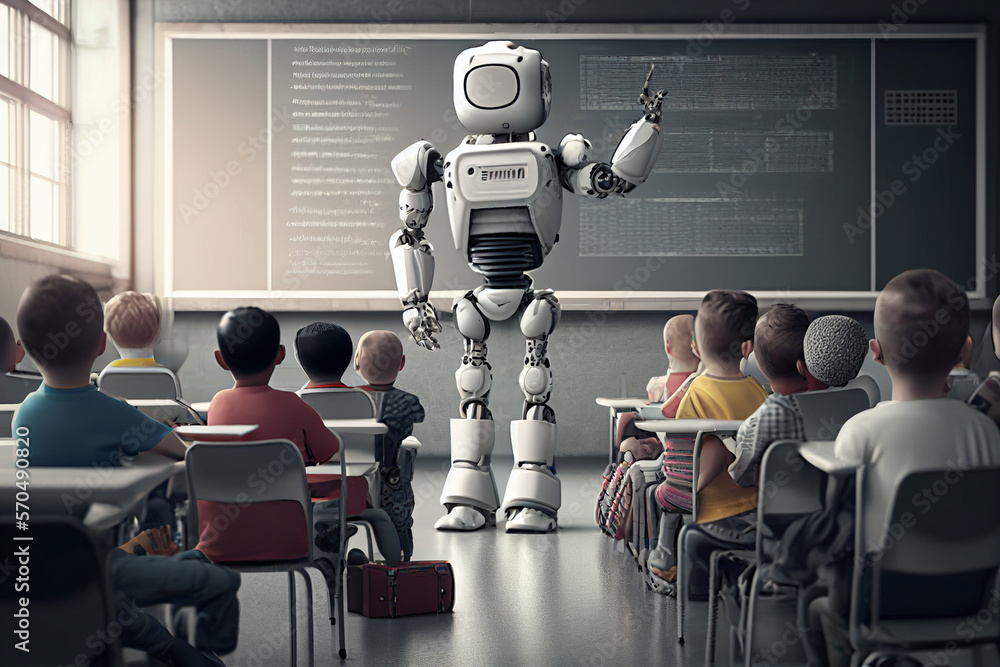 artificial intelligence AI robot teacher teaching a class of robot students in a high-tech ...