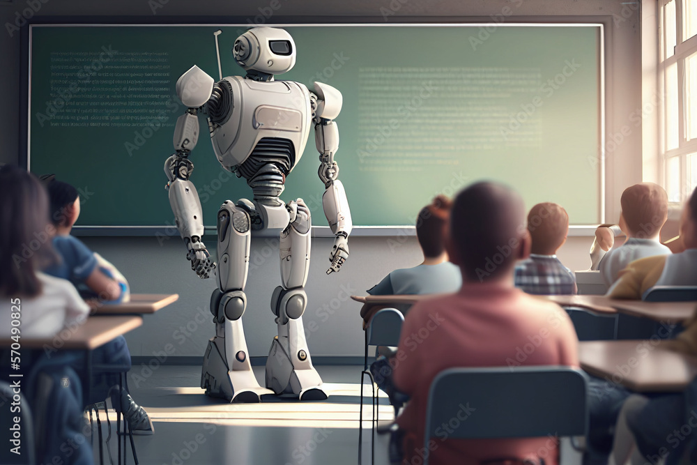 artificial intelligence AI robot teacher teaching a class of robot ...
