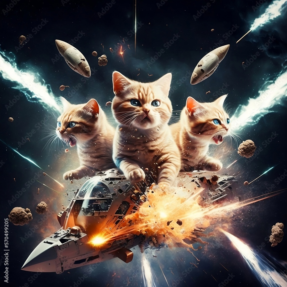 Trio of Giant Kitties in Space Attacking a Carrier Spaceship with ...