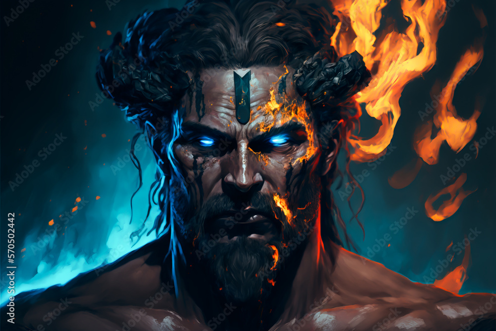 Stock-Illustration „Portrait of Hades with glowing eyes surrounded by ...