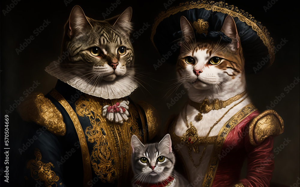 Family of cats in royal outfits of the Victorian era. Fynny cats. Royal ...