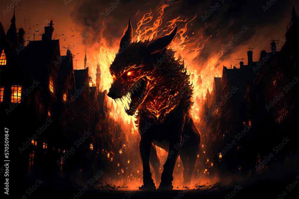 Mystical scandinavian beast wolf Fenrir destroying modern city. Fenrir ...
