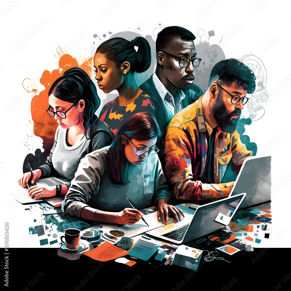 A diverse group of people working together, collaborating, and connecting in a technology-rich ...
