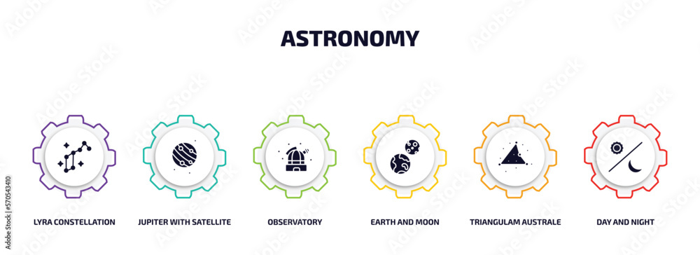 astronomy infographic element with filled icons and 6 step or option ...