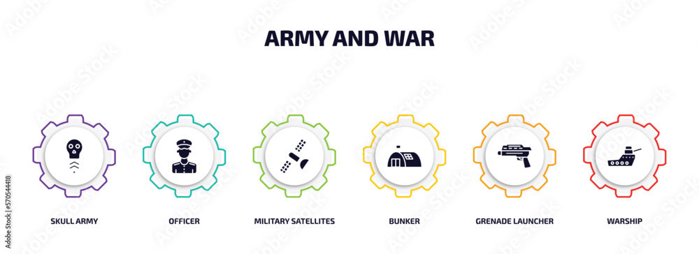 army and war infographic element with filled icons and 6 step or option ...