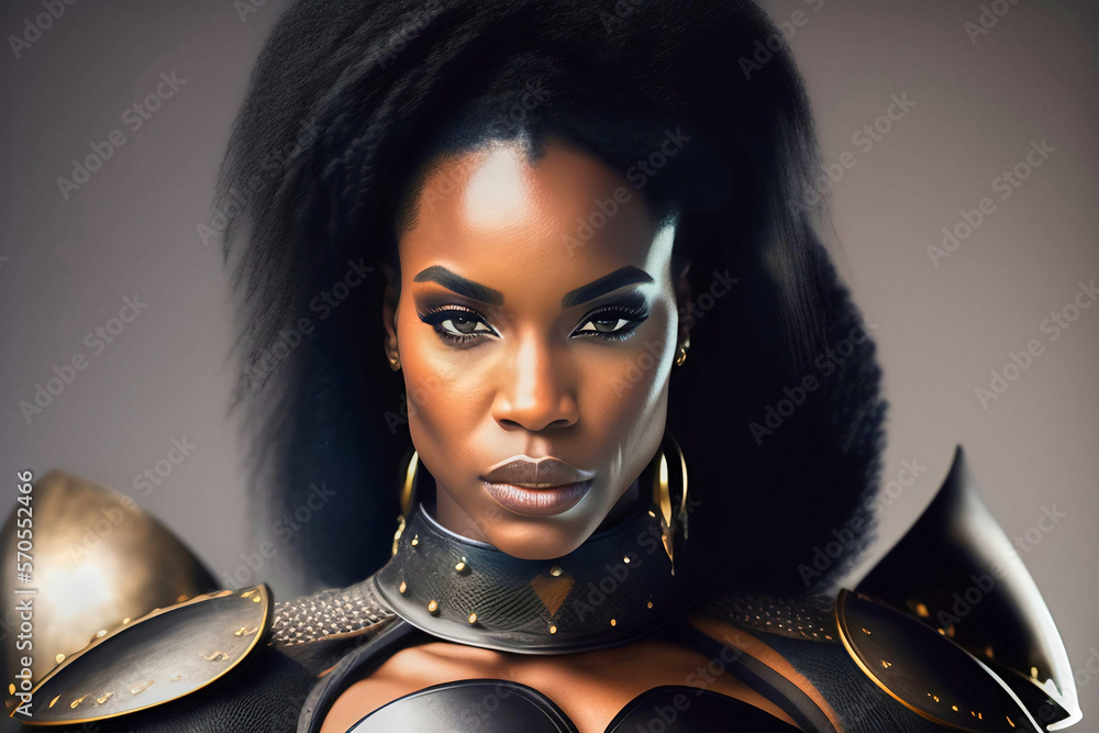 Belligerent-looking black young woman in fantasy armor with a stern ...