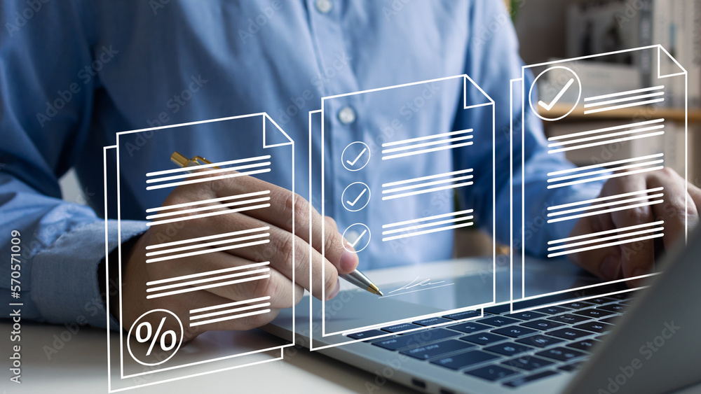 Signature to approval certificate contract concept. Businessman tick ...