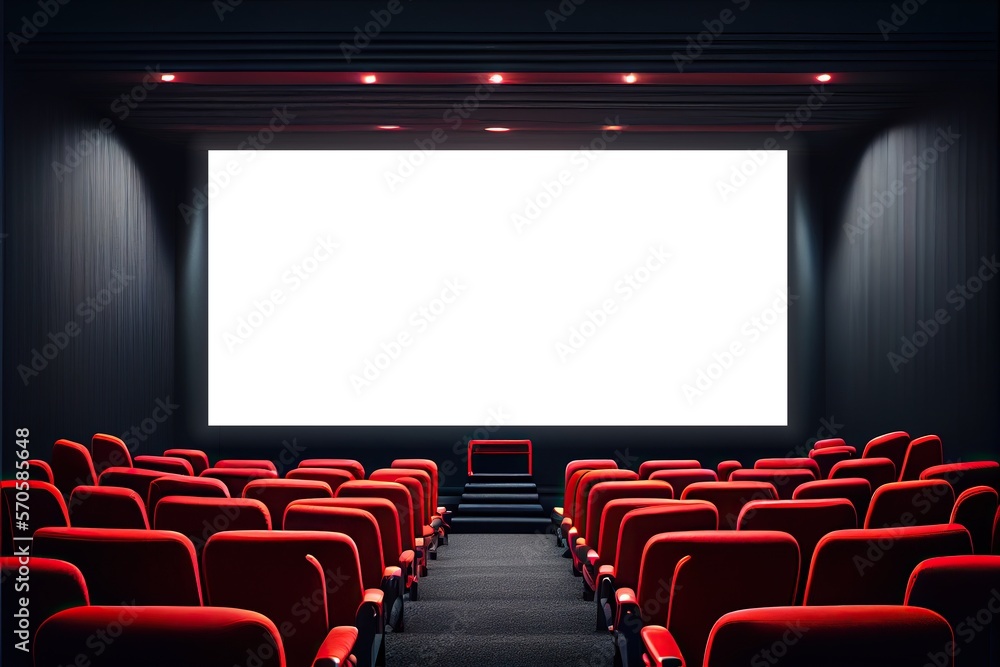 Movie theater blank screen mock up, cinema with red seats template ...