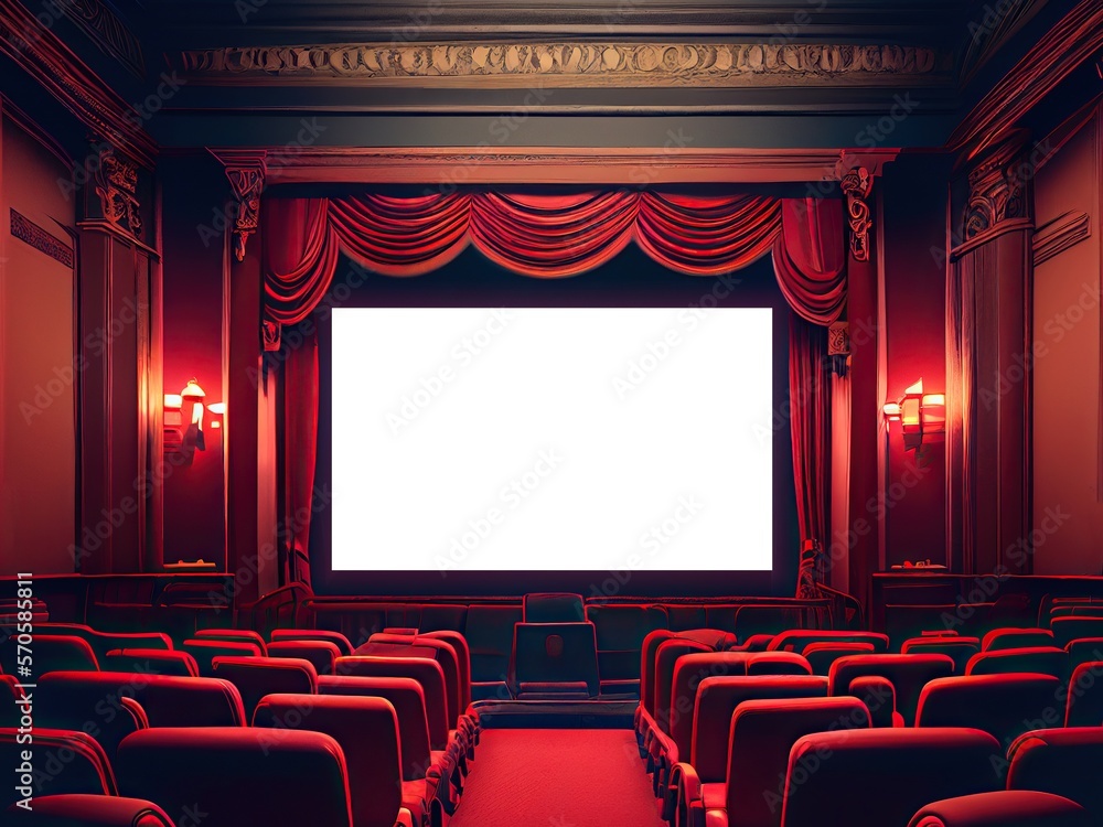 Movie theater blank screen mock up, cinema with red seats template ...