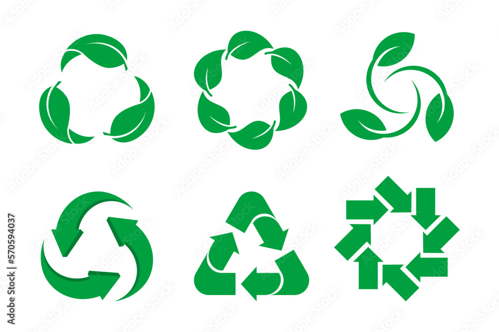Vector de Stock Sustainability icon set. Green arrows and leaves rotating. Recycling symbol ...