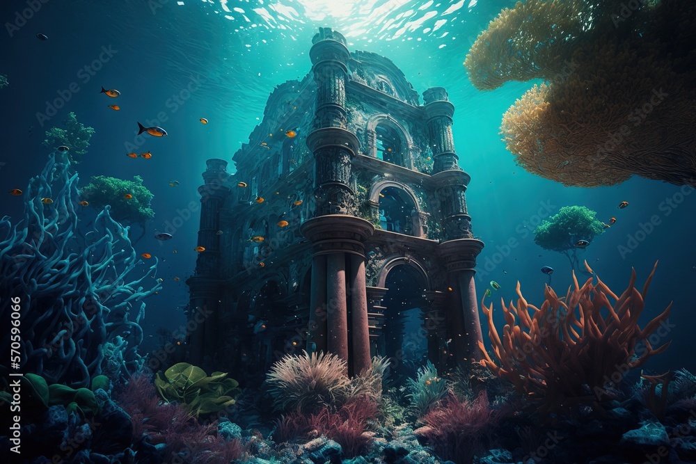 Ruined city underwater. Underwater ancient city in the depths of the ocean. Atlantis lost world ...