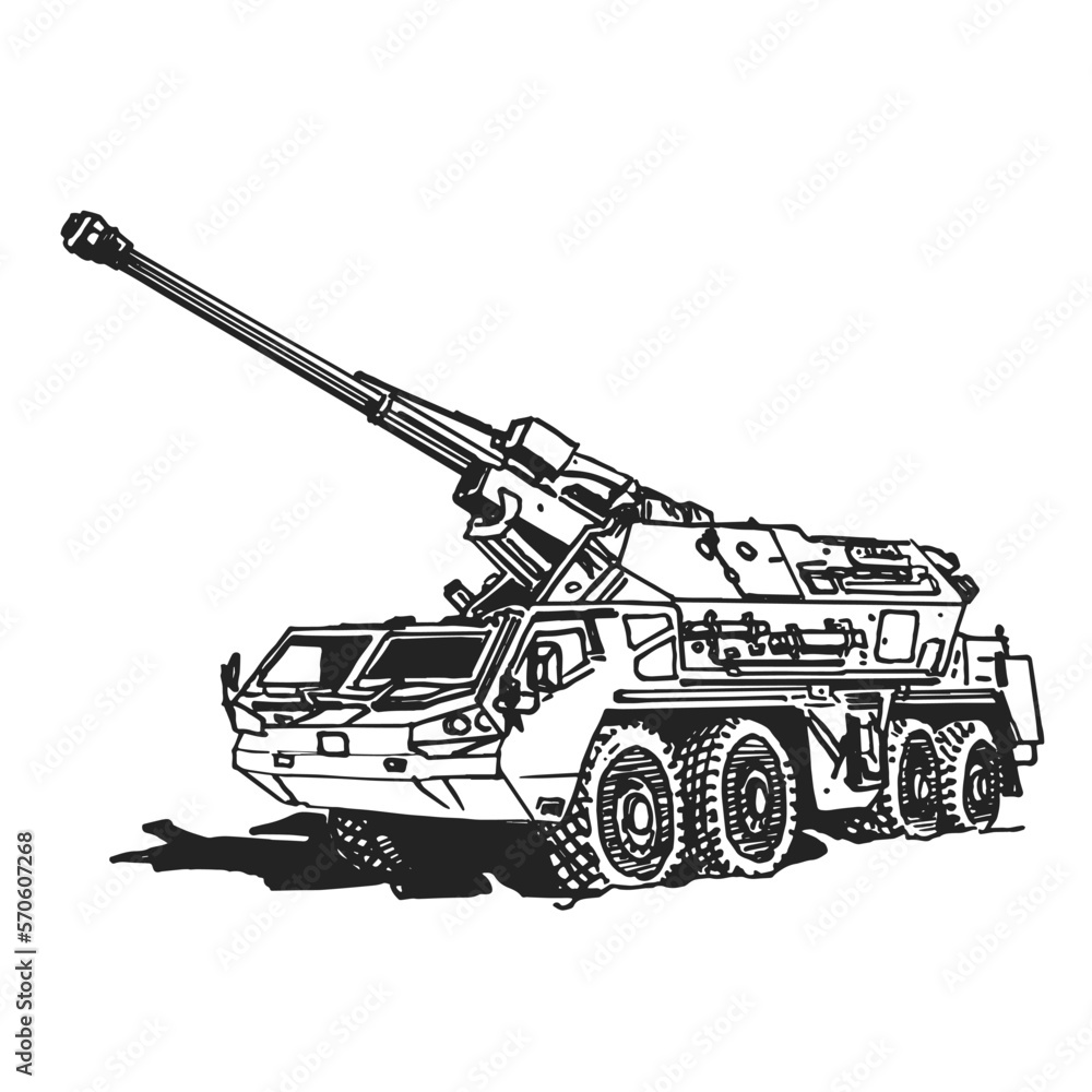 Self-propelled artillery hand graphic drawing. Military equipment Stock ...