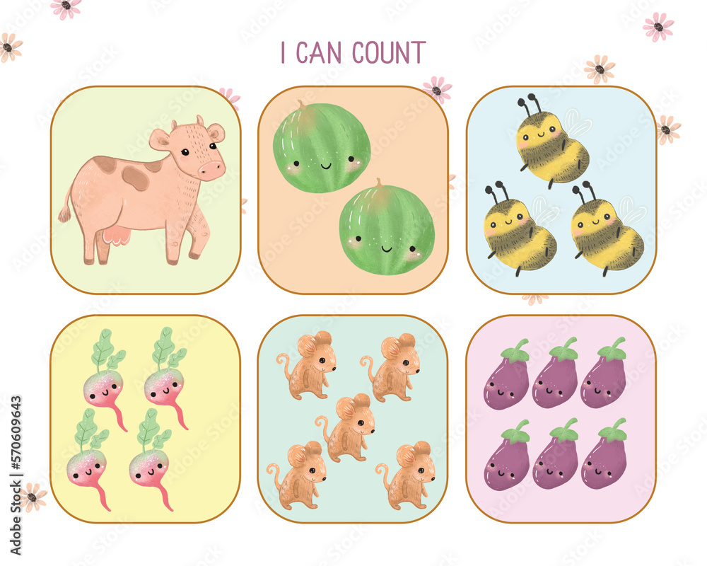 Farm animals count activity for children. . Educational game for kids ...