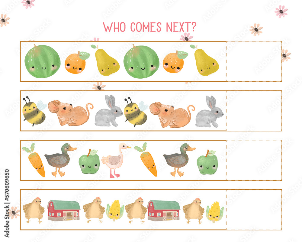 Farm animals, fruits and vegetables logic game, who comes next ...
