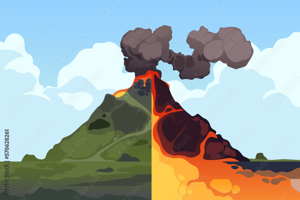 Volcano cross section. Volcanic mountain eruption cross-section scheme ...