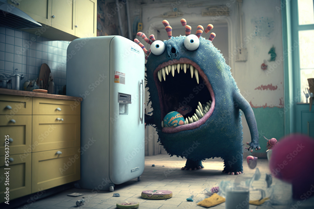 The fridge monster strikes a kitchen filled with chaos, concept of Fear ...