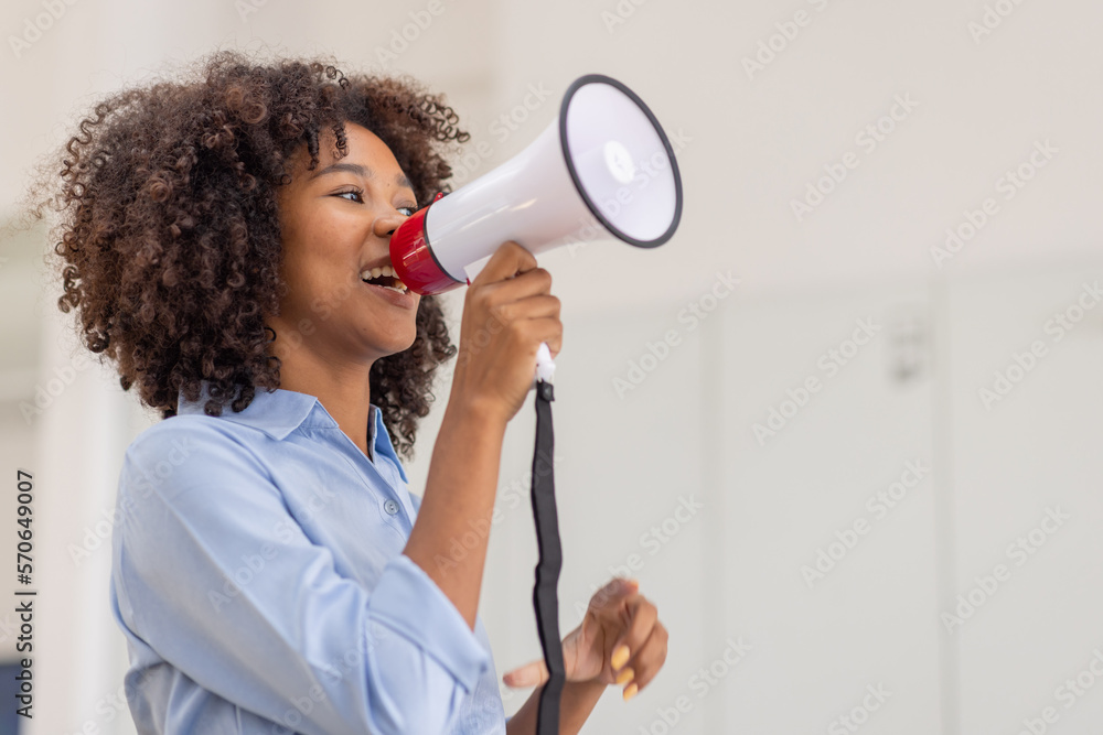 Business black african woman shouting on the megaphone. making Comment ...