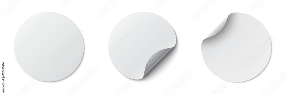 Circle adhesive symbols. White tags, paper round stickers with peeling ...