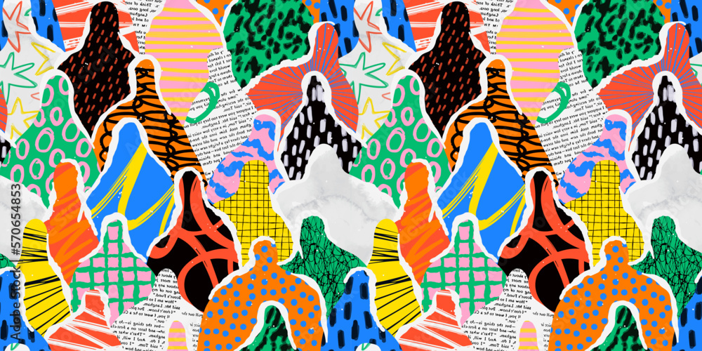 Colorful diverse people crowd abstract art seamless pattern. Multi ...