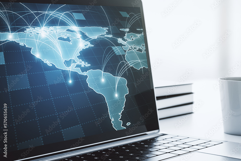 Abstract digital world map with connections on modern computer monitor ...
