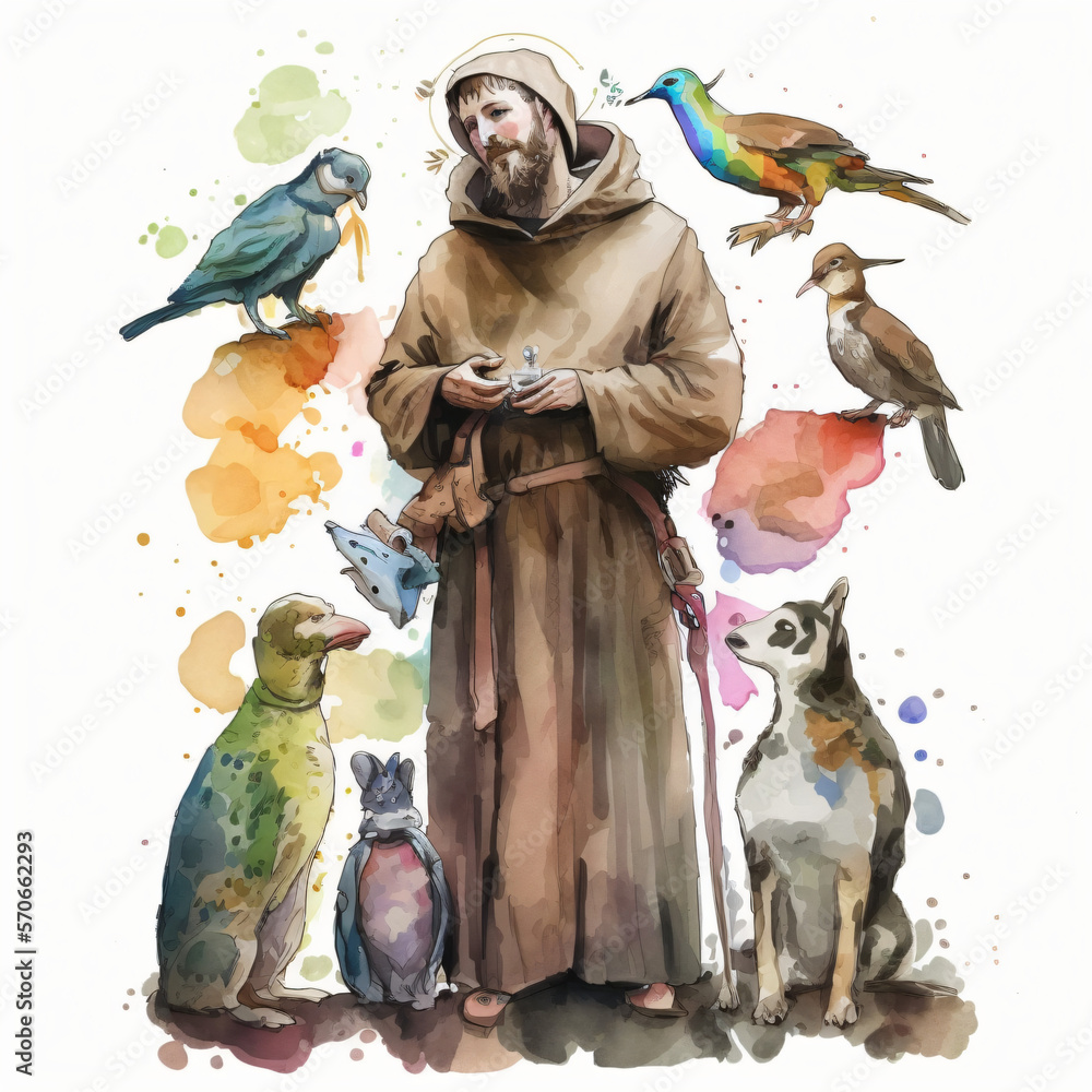 Saint Francis of Assisi talking to animals watercolor painting isolated ...